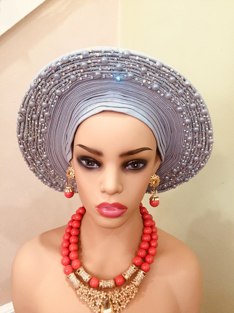 Handmade Silver Asoke Auto Gele: Nigerian Wedding Headwrap - Etsy