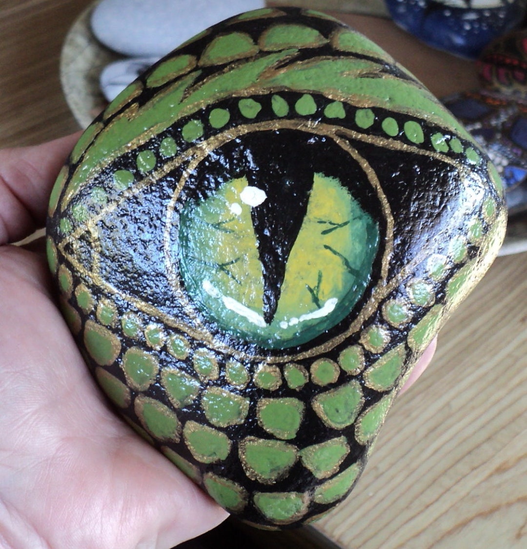 BIG Green Eye of the Dragon, Hand Painted Rock, Green Eye Dragon ...