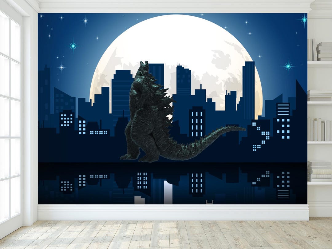 Godzilla Wallpaper PVC FREE. Monster Wall Mural. Night City Skyline and ...