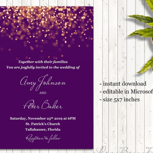 Purple and Gold Wedding Invitation Printable 5x7 Inches - Etsy