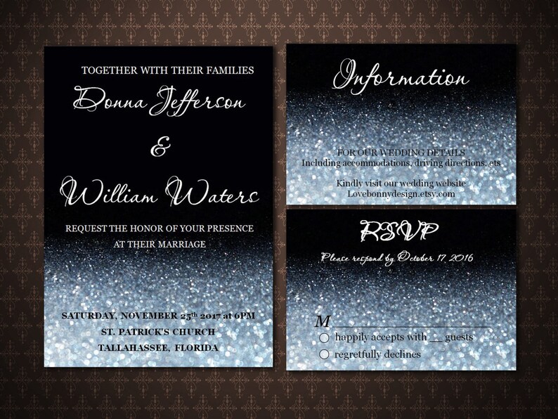 Black and Silver Wedding Invitation Set, Silver Glitter, Silver Wedding ...