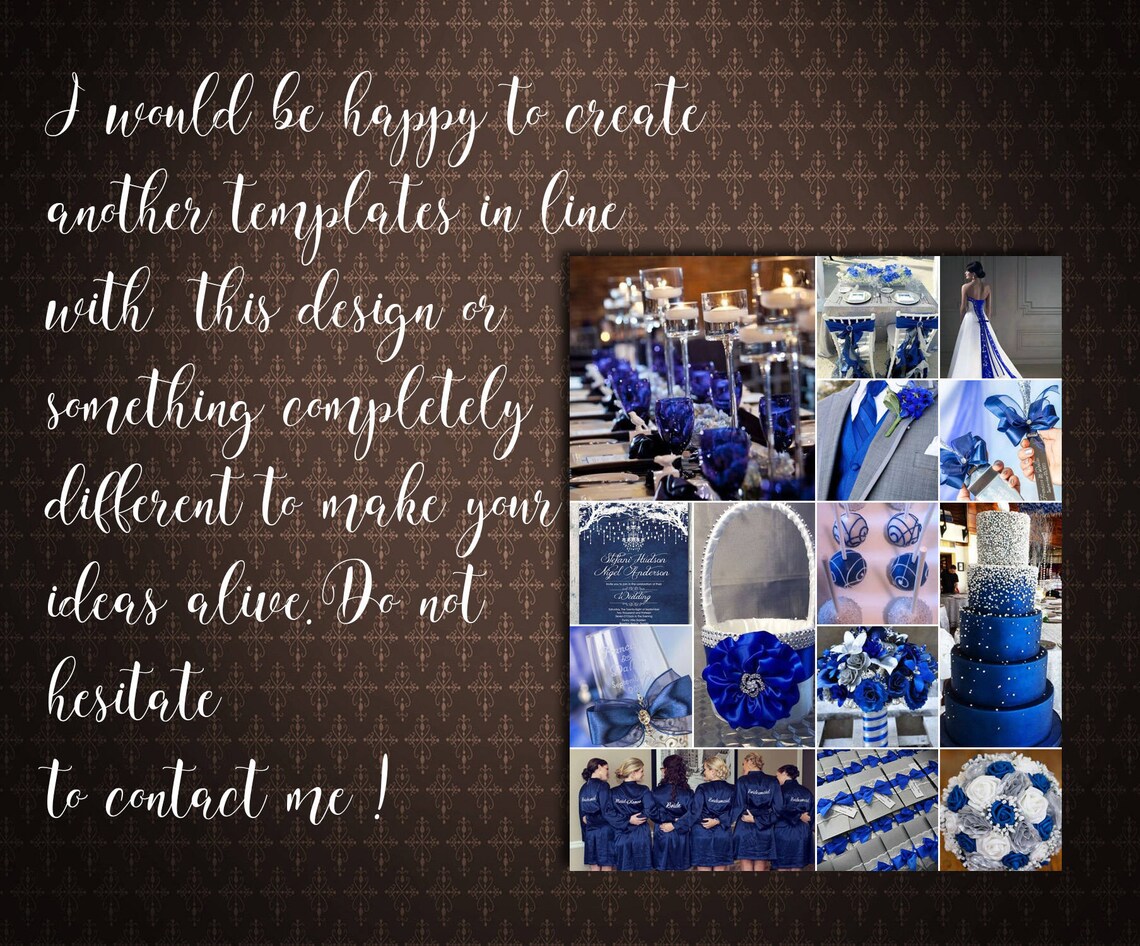 Editable Color Printable Menu Card, Silver Glitter Royal Blue, 3.75x10 ...