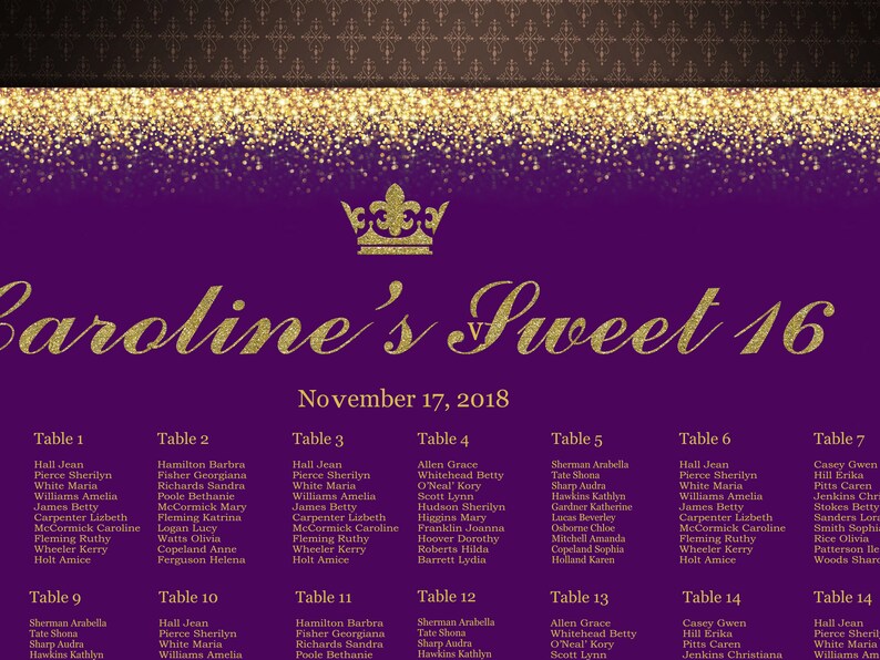 Purple Seating Chart, Alphabetical Order, Table Order, Purple and Gold ...