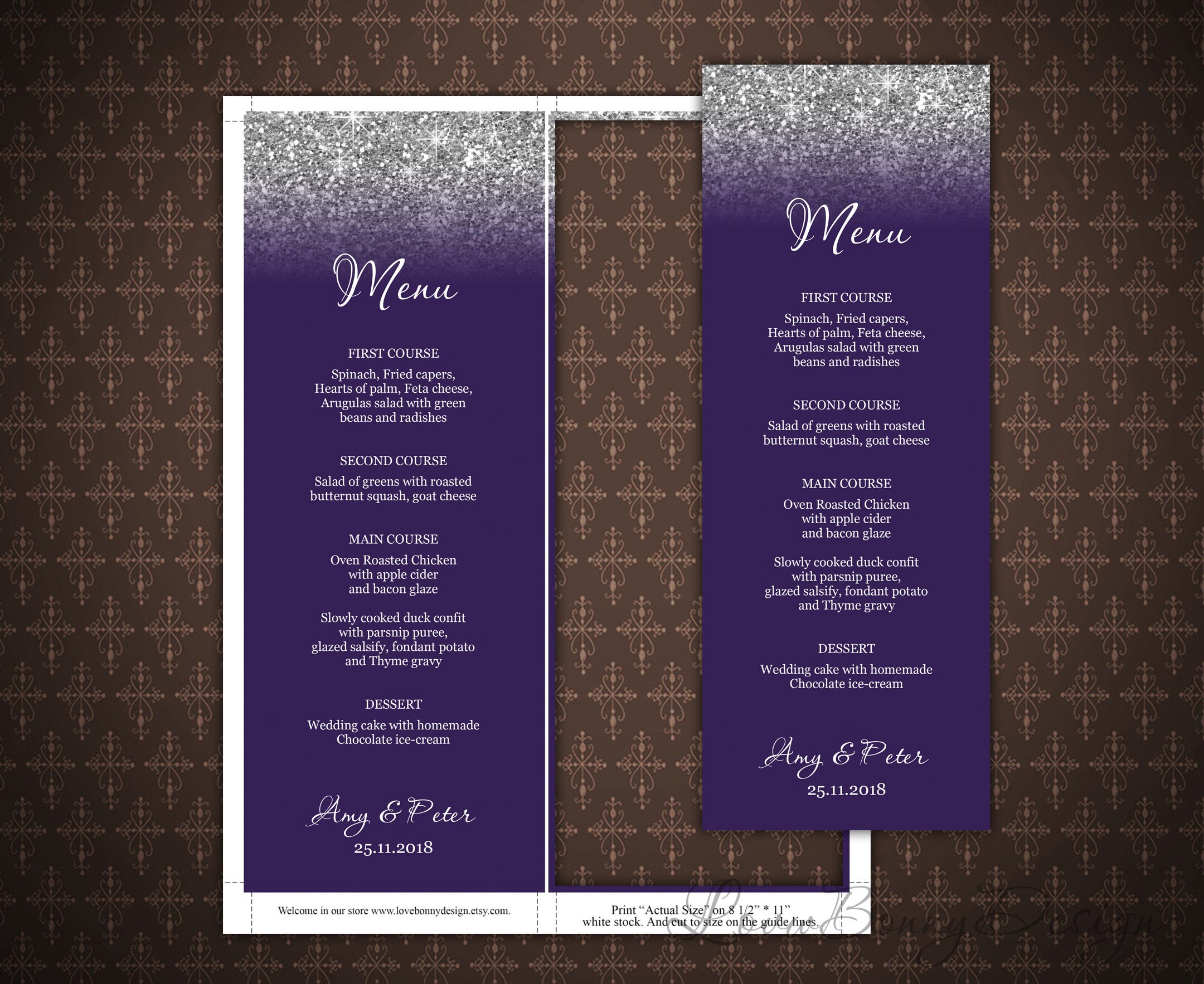 Purple and Silver Glitter Menu Template, Instant Download, DIY ...