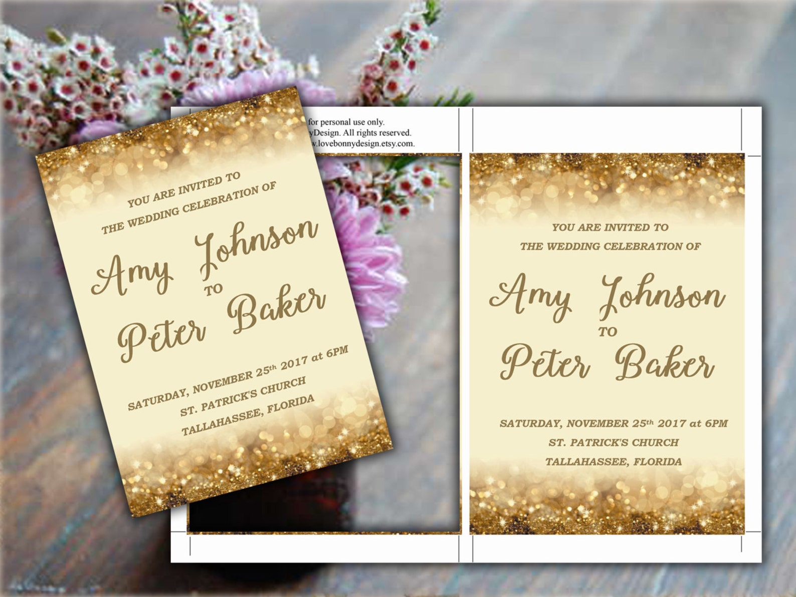 Gold Wedding Invitation, Editable Template, Gold Sparkles, Printable ...