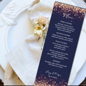 Rose Gold and Navy Blue Menu Template, Rose Gold Sparkles, Instant ...