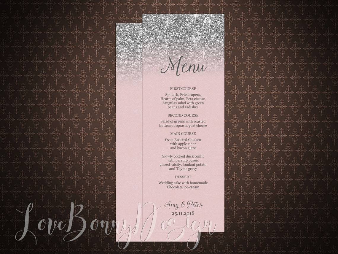 Menu Template, Silver Glitter and Pink, 3.75x10 Inches, Instant ...