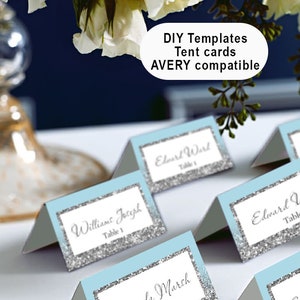 Light Blue and Silver, Blue Silver Place Cards, Silver Glitter Wedding ...
