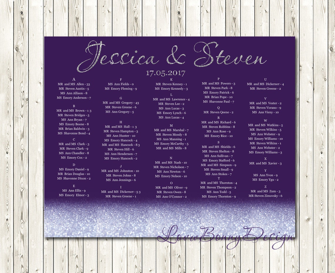 Purple Seating Chart Alphabetical Order Table Order Purple | Etsy