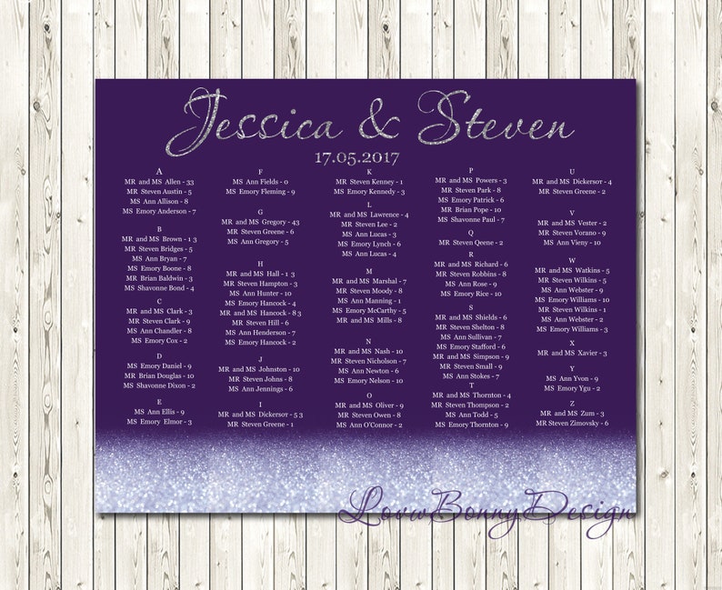 Purple Seating Chart Alphabetical Order Table Order Purple - Etsy