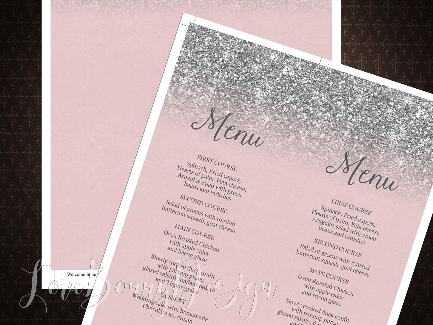 Menu Template, Silver Glitter and Pink, 3.75x10 Inches, Instant ...