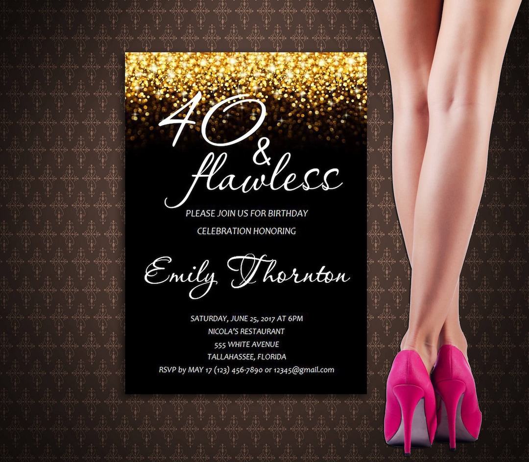40th Birthday Invitation, 40 and Flawless Invitation Black and Gold ...