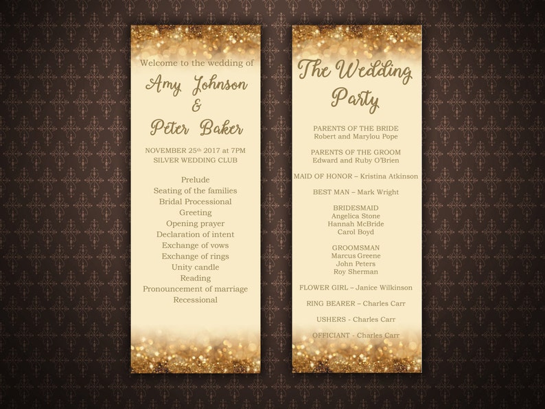Gold Glitter Wedding Program Template Editable Text DIY | Etsy