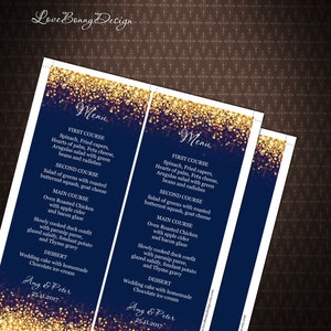 Navy and Gold Glitter Wedding Menu Card Templates, Dinner Party Menu ...