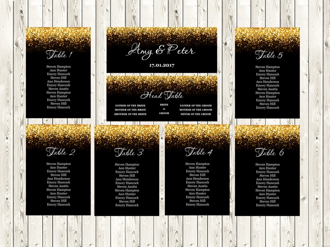 Black and Gold Wedding Seating Chart Printable, DIY Seating Cards ...