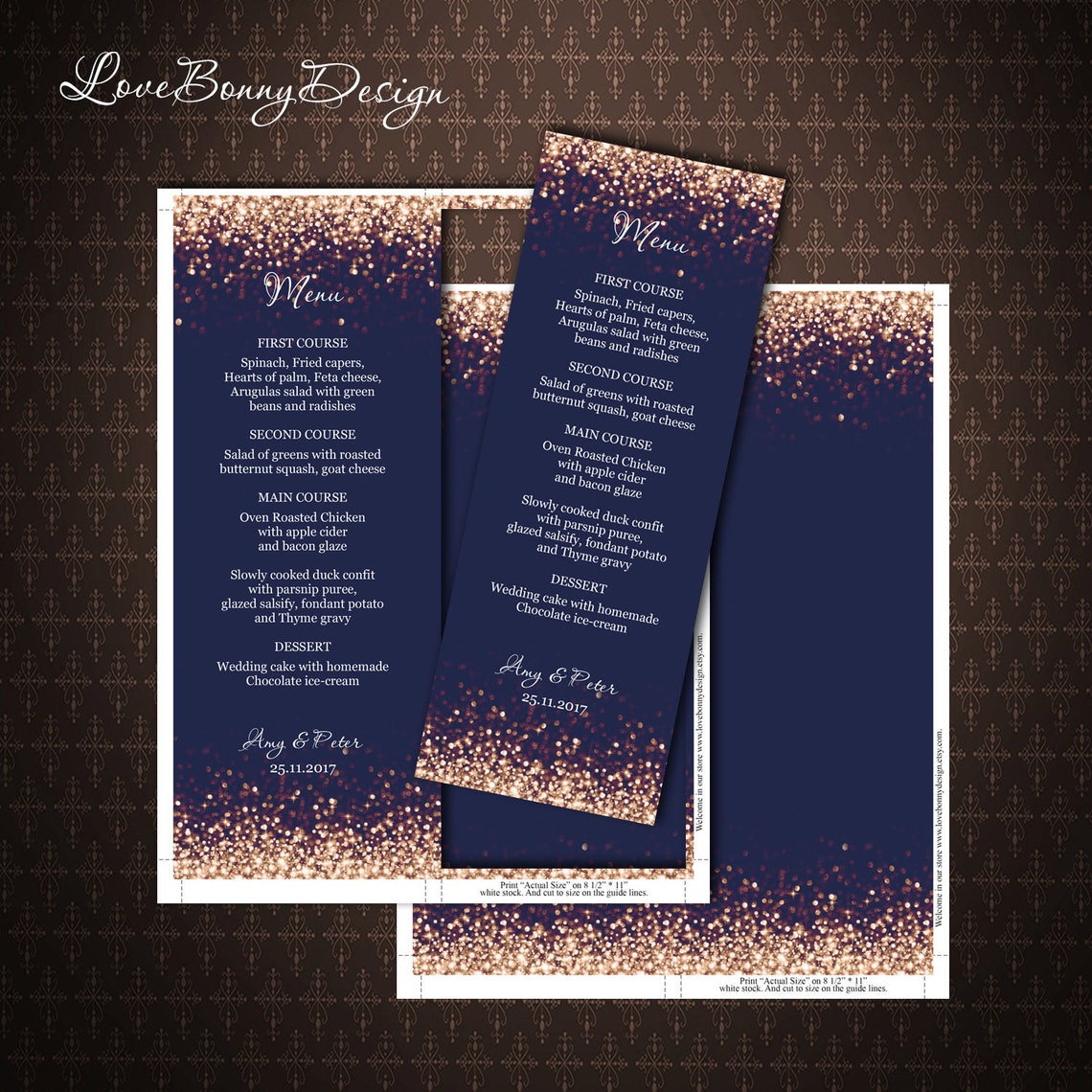 Rose Gold and Navy Blue Menu Template Rose Gold Sparkles | Etsy