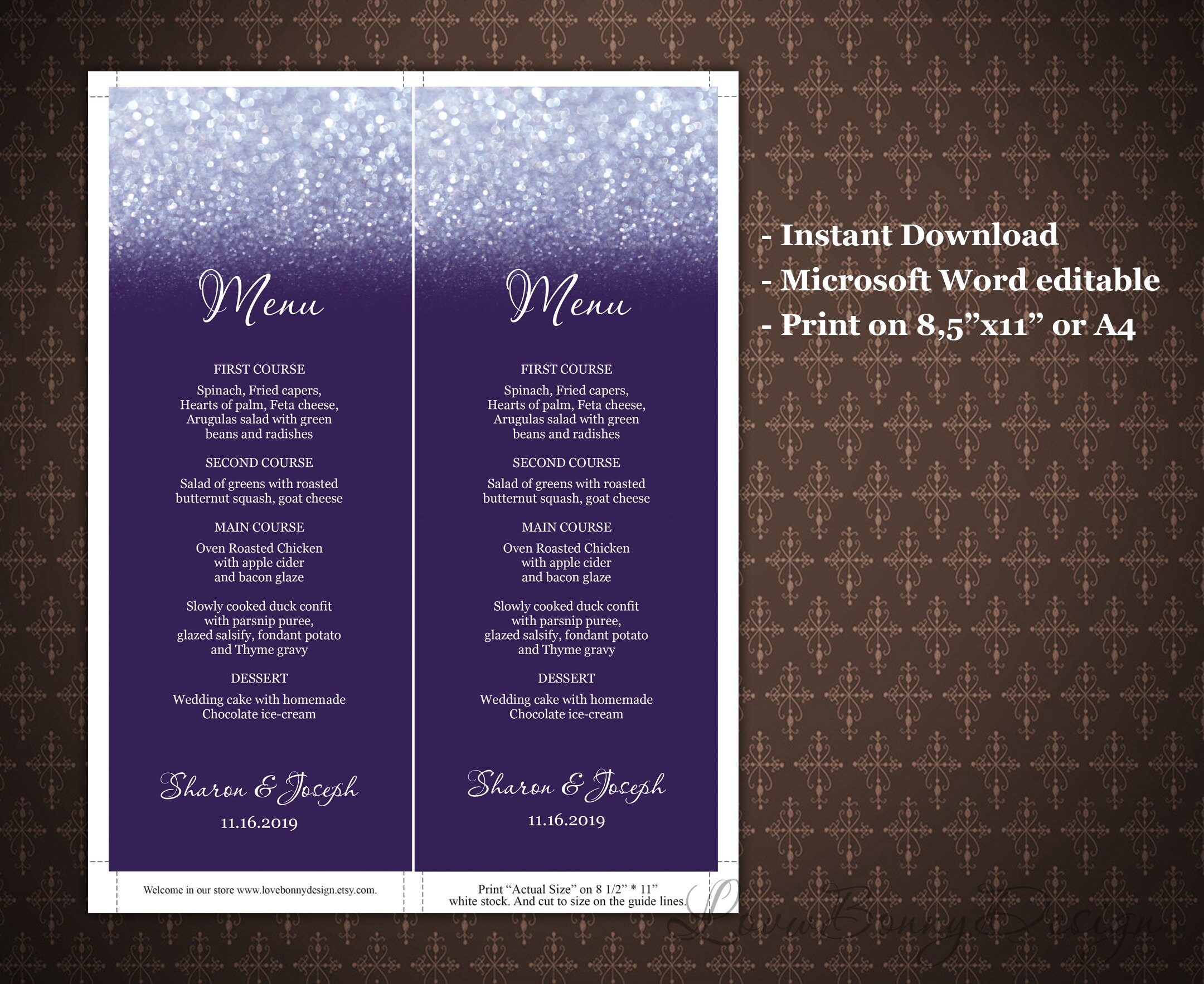 Purple and Silver Glitter Menu Template Silver Sparkles - Etsy