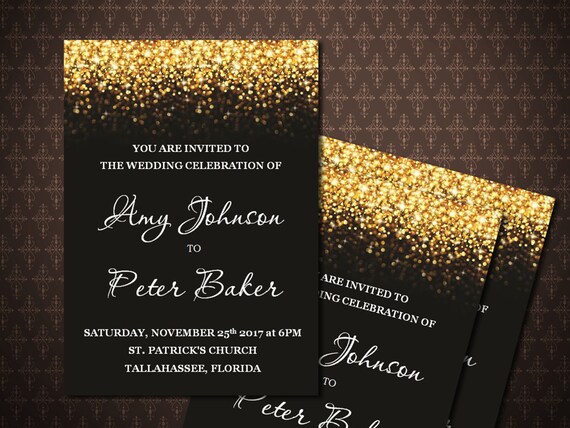Gold Glitter Wedding Invitation Black And Gold Printable Etsy