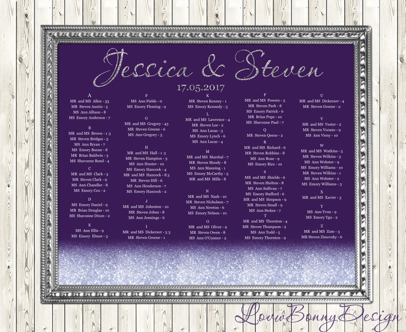 Purple Seating Chart Alphabetical Order Table Order Purple - Etsy