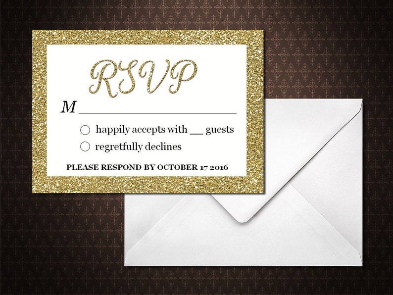 Gold Glitter Wedding RSVP Card Template Gold Sparkles | Etsy