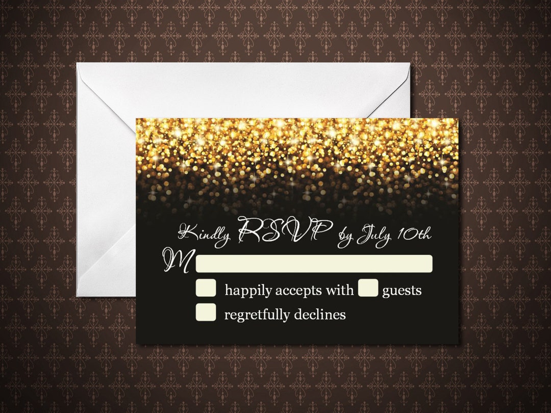 Gold Glitter Wedding RSVP Card Template, Gold Sparkles, Wedding Response Cards, Editable Text ...