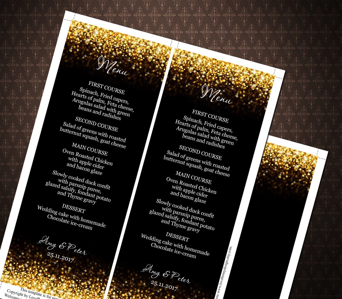 Black and Gold Glitter Wedding Menu Card Templates Dinner - Etsy