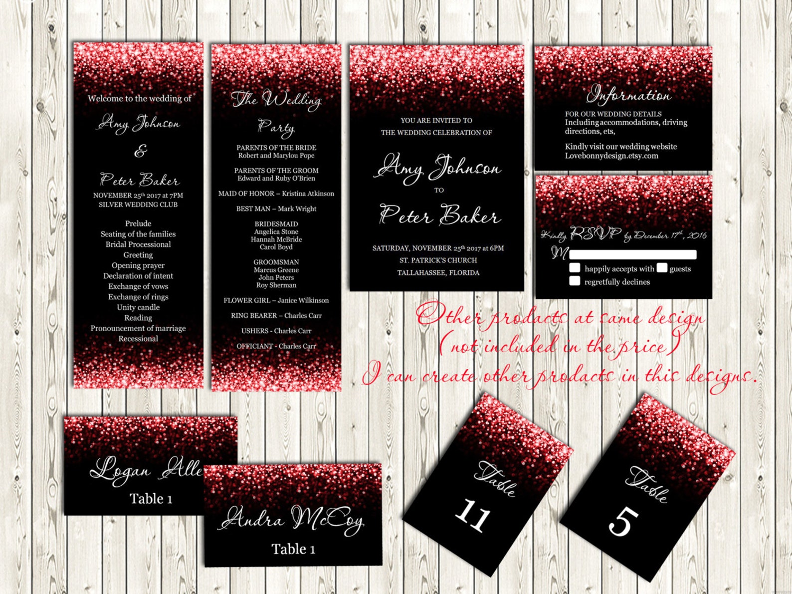 Red and Black Wedding Place Card Place Cards DIY Place Card - Etsy