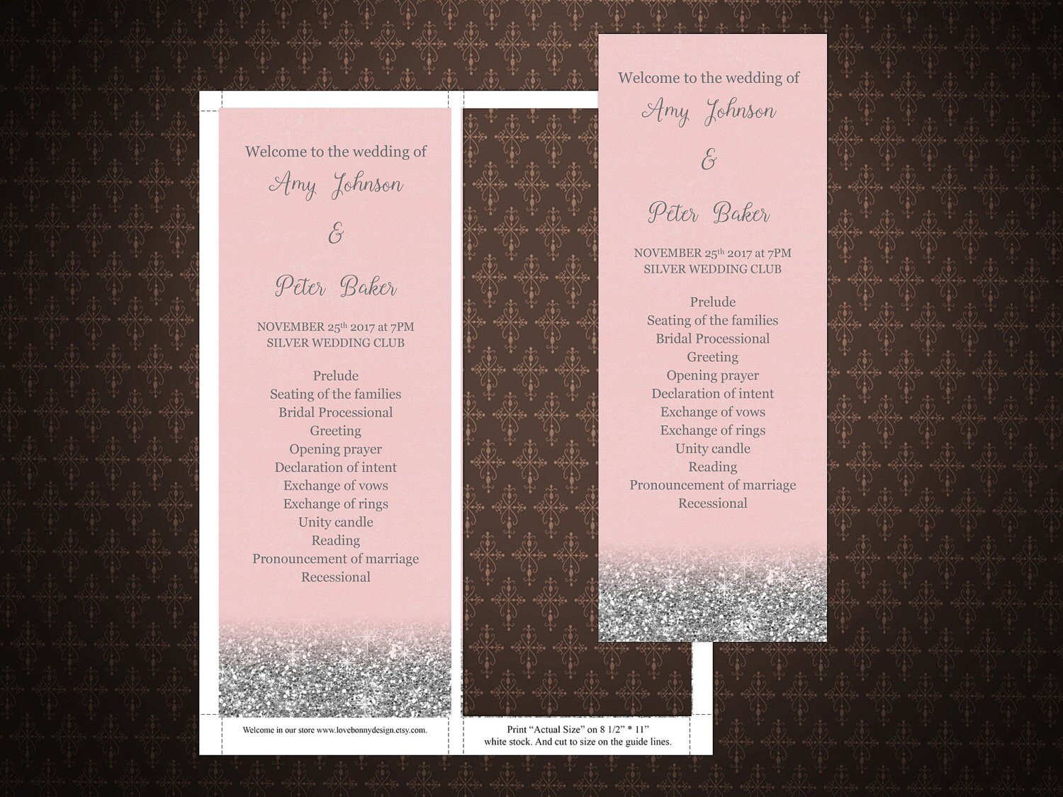 Pink and Silver Sparkles Wedding Program Templates, Pink Blush Wedding ...