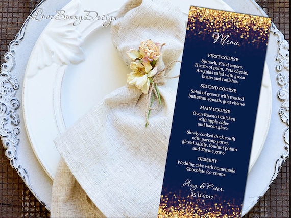 Navy and Gold Glitter Wedding Menu Card Templates Dinner | Etsy