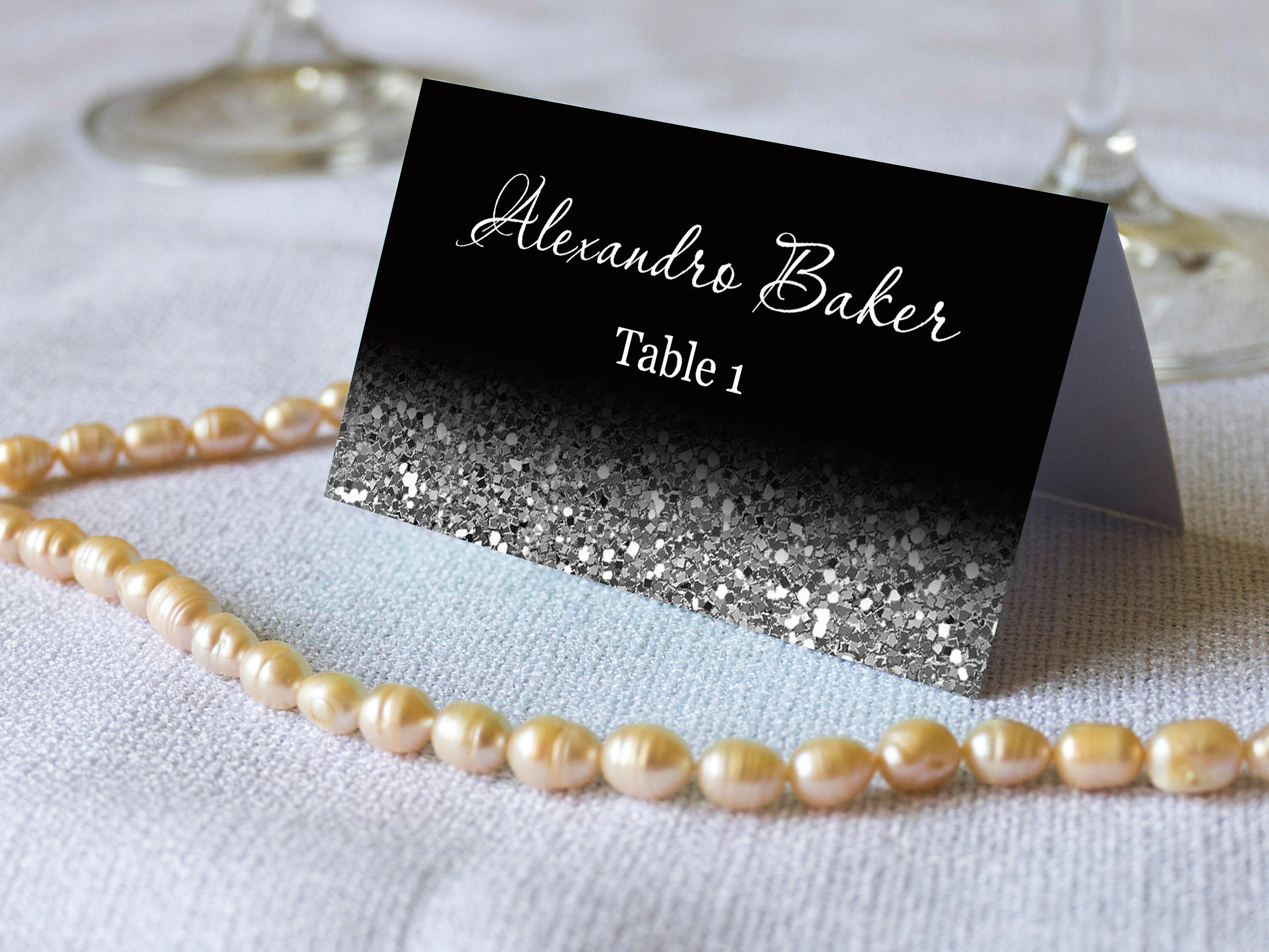 Black and Silver Place Cards, DIY Wedding Place Card Printable, Code ...