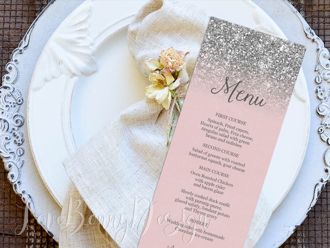 Menu Template, Silver Glitter and Pink, 3.75x10 Inches, Instant ...