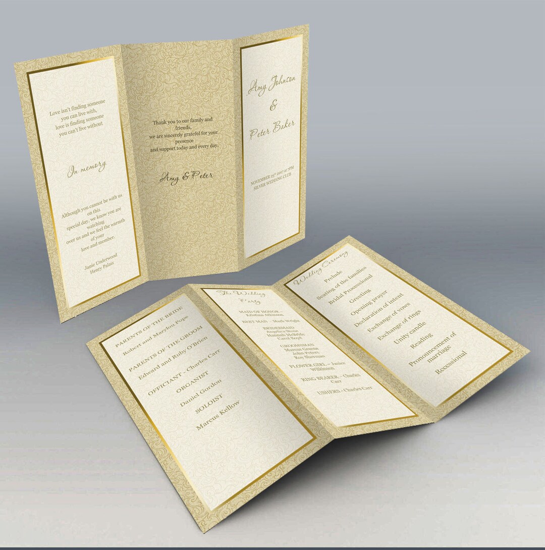 Trifold Program Template, Gold Wedding Program, Instant Download ...