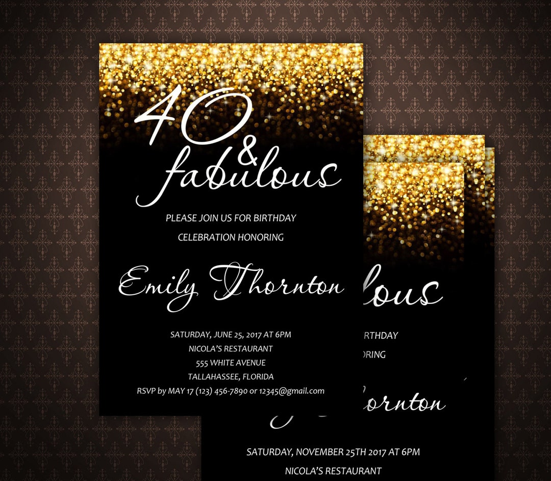 40th Birthday Invitation, 40 and Fabulous Invitation Black and Gold ...