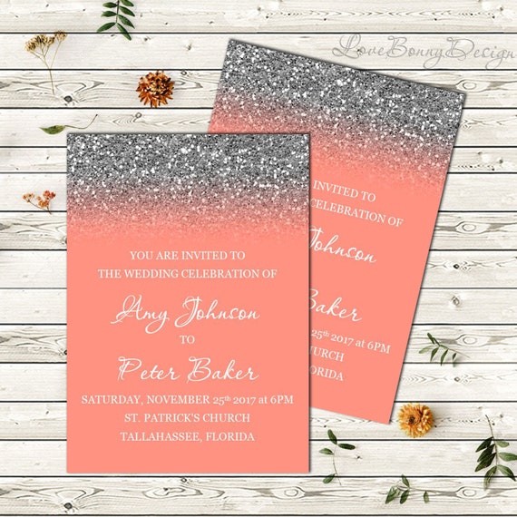 Coral Invitation Living Coral Editable Template Silver - Etsy