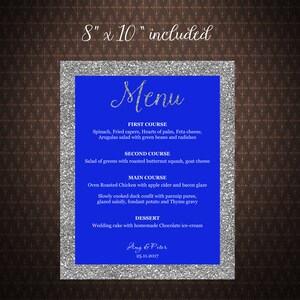 Editable Color Printable Menu Card, Silver Glitter Royal Blue, 3.75x10 ...