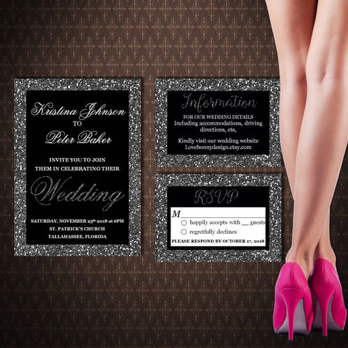 Silver and Black Wedding Invitation Sparkly Glitter Wedding - Etsy