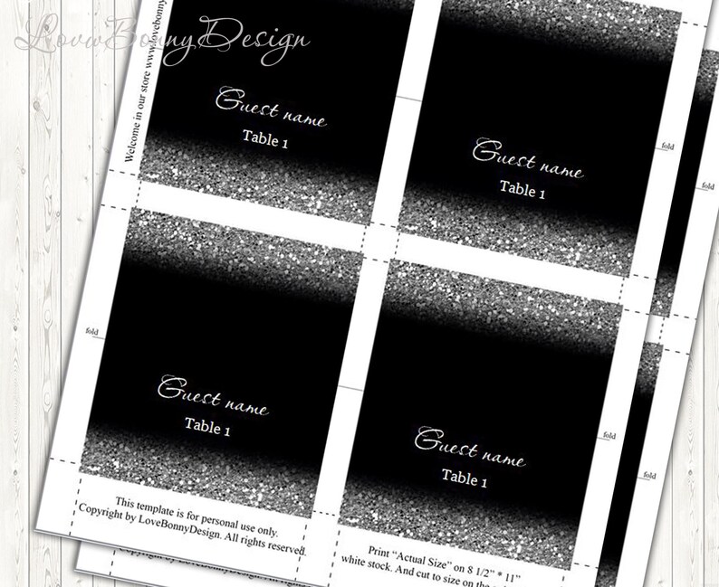 Black and Silver Place Cards DIY Wedding Place Card - Etsy