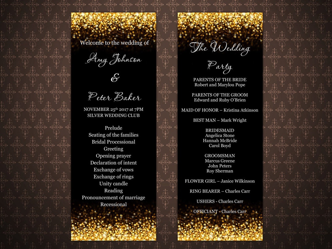 Black and Gold Glitter Wedding Program Templates, Gold Glitter Sparkles ...