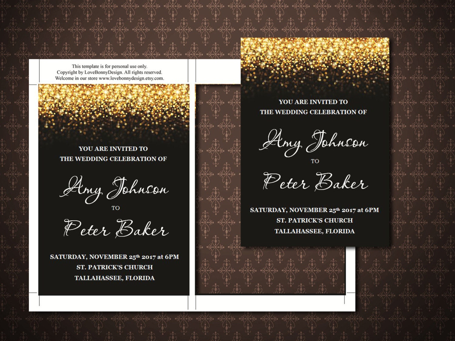 Gold Glitter Wedding Invitation, Black and Gold Printable Wedding ...