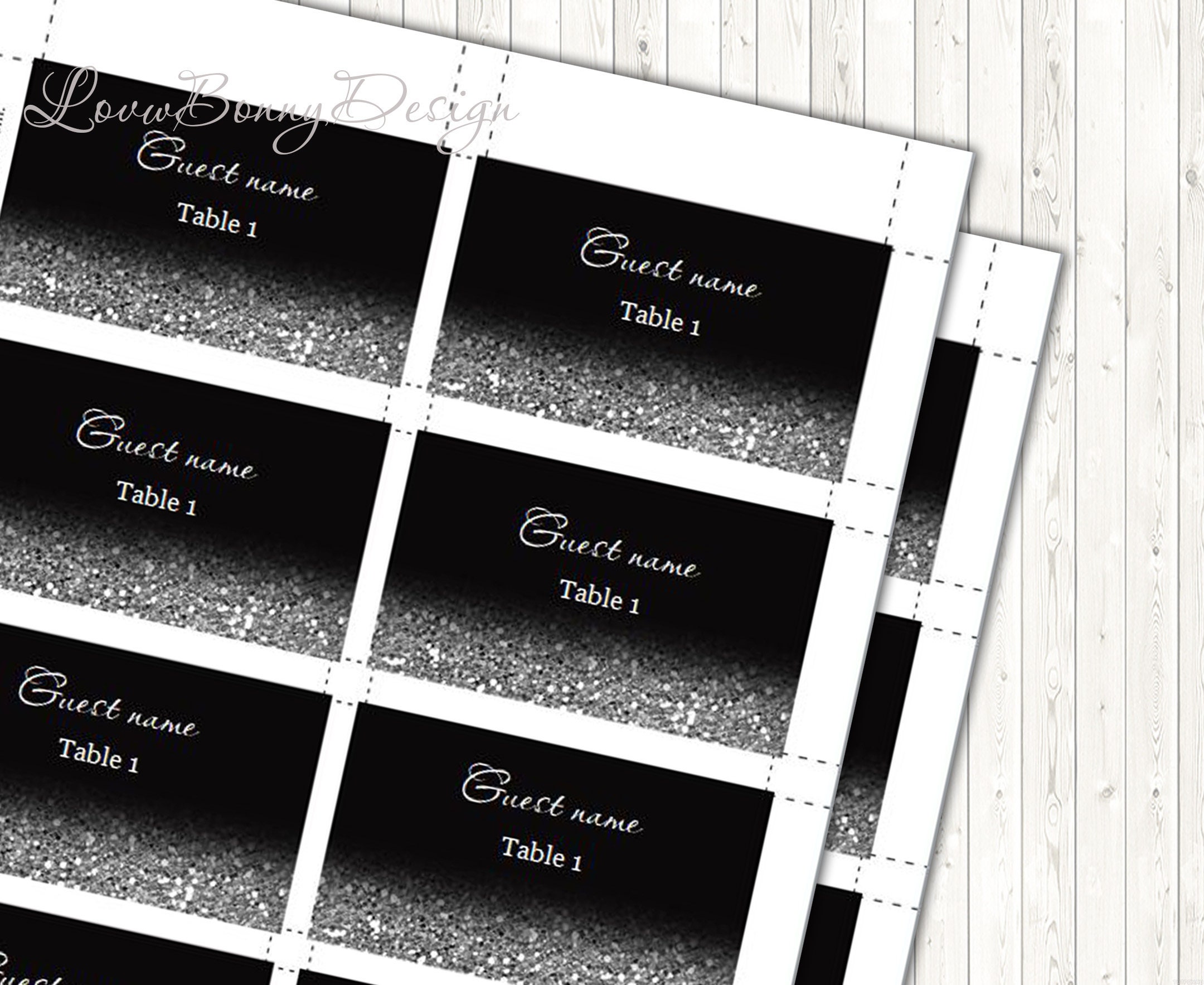 Black and Silver Place Cards DIY Place Card Printable Black | Etsy