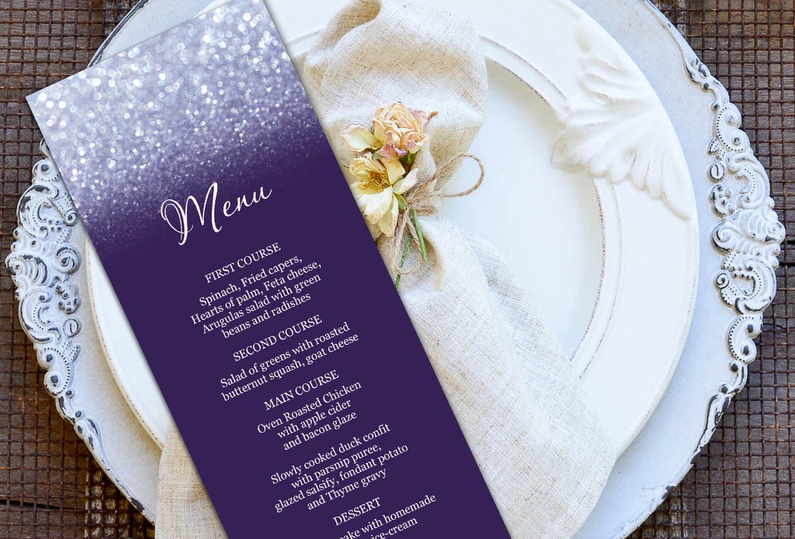 Purple and Silver Glitter Menu Template Silver Sparkles | Etsy