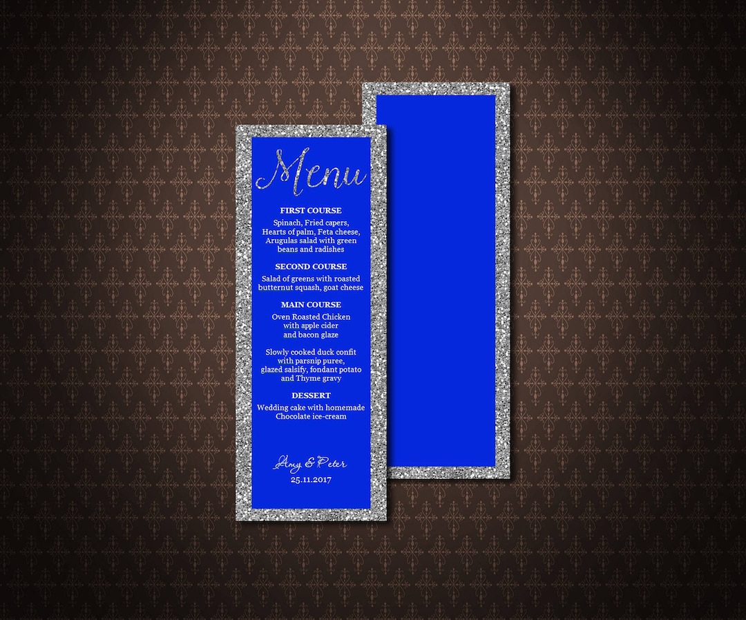 Editable Color Printable Menu Card, Silver Glitter Royal Blue, 3.75x10 ...