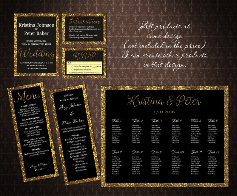 Wedding Seating Chart Template Black and Gold Glitter Seating - Etsy