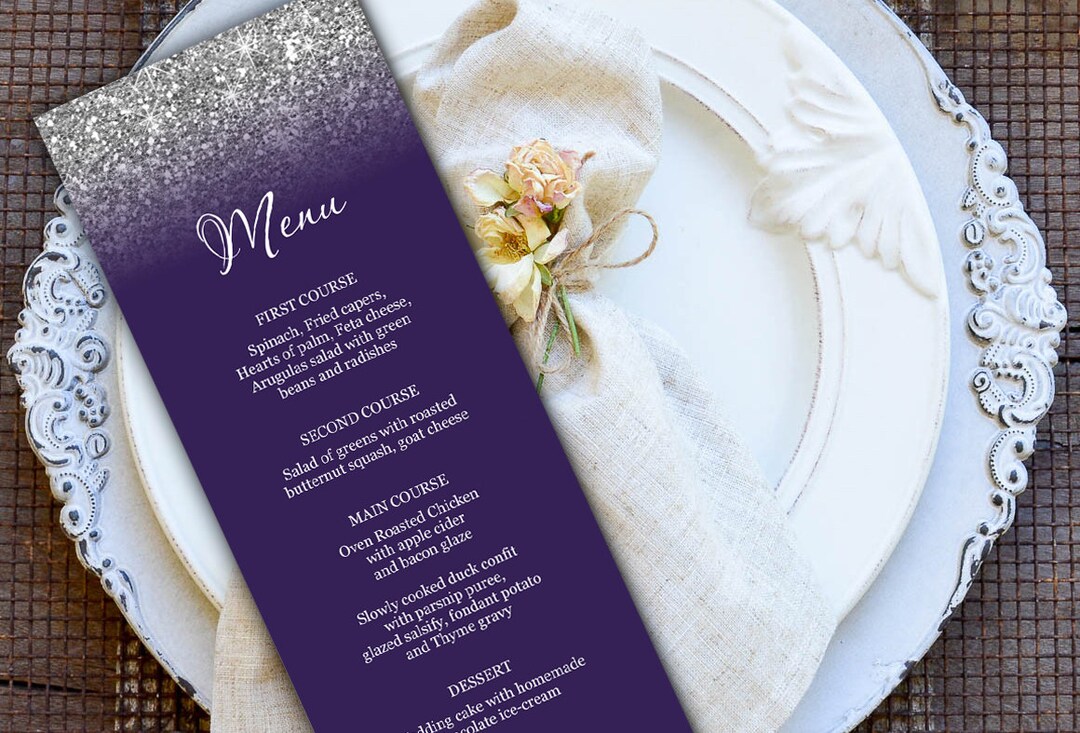 Purple and Silver Glitter Menu Template, Instant Download, DIY ...