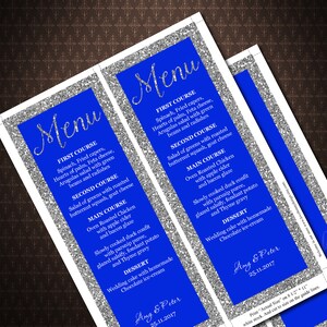 Editable Color Printable Menu Card, Silver Glitter Royal Blue, 3.75x10 ...