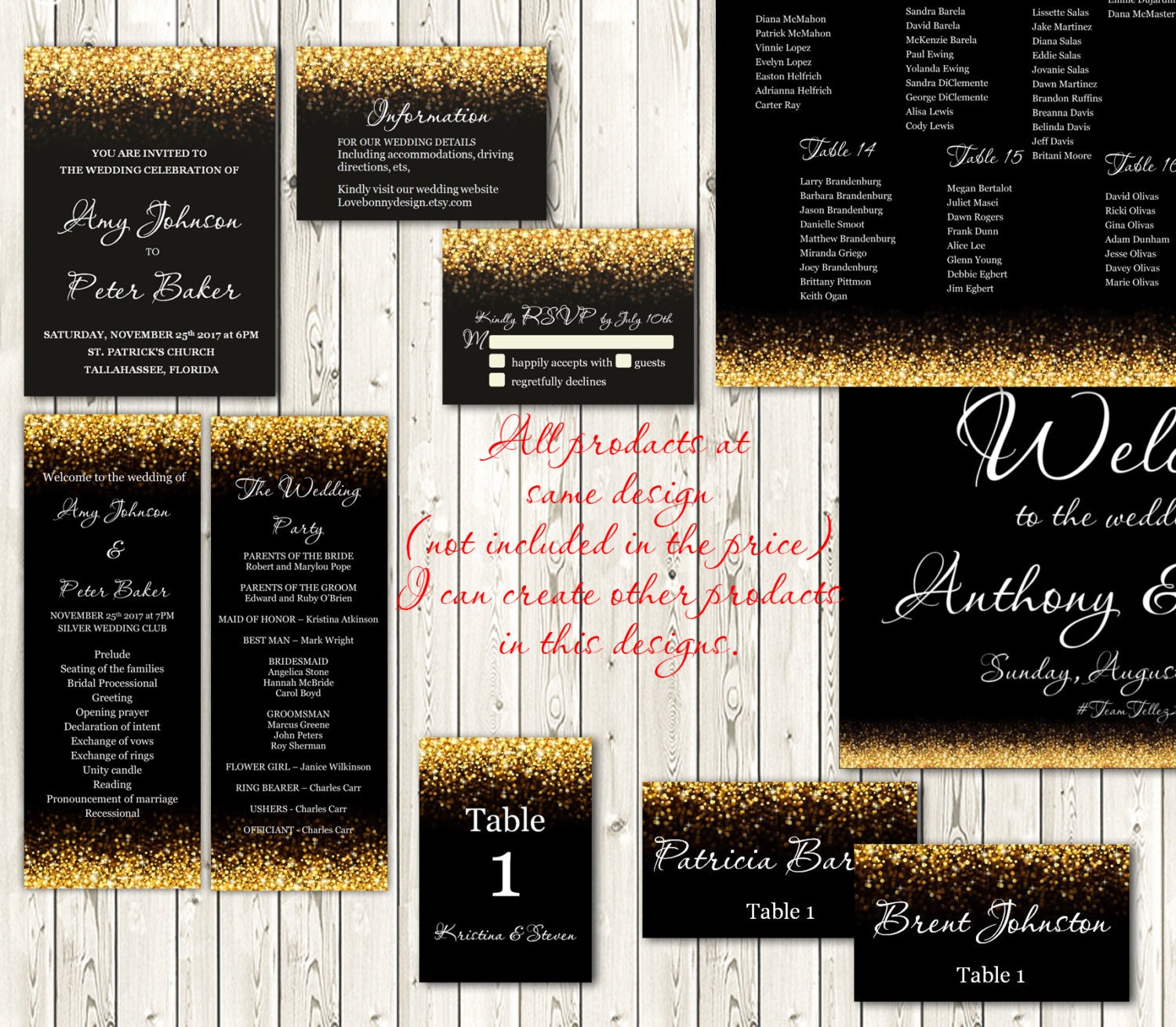 Black and Gold Glitter Wedding Program Templates, Gold Glitter Sparkles ...