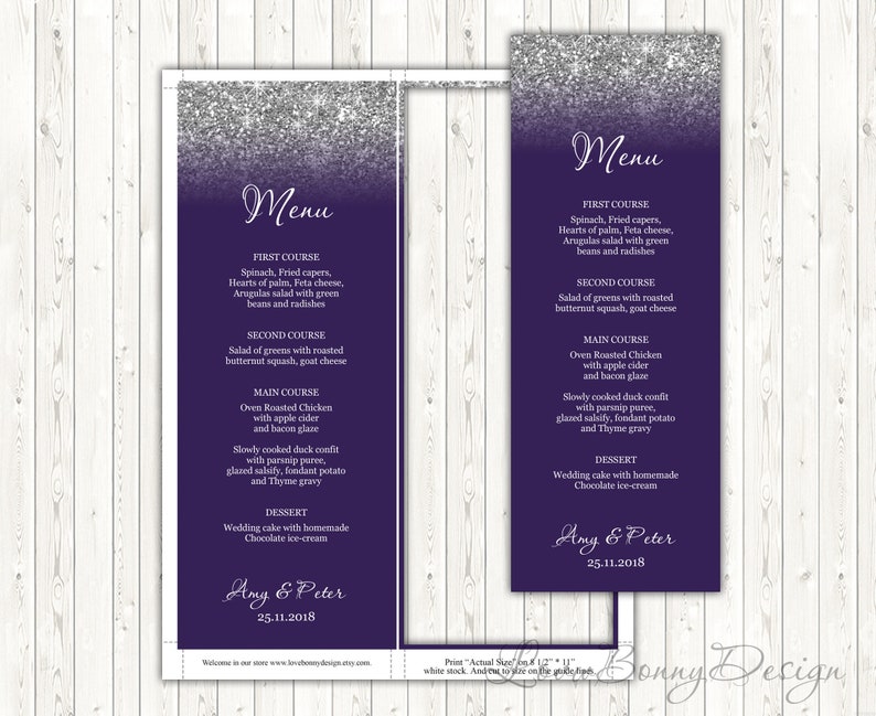 Purple and Silver Glitter Menu Template, Instant Download, DIY ...