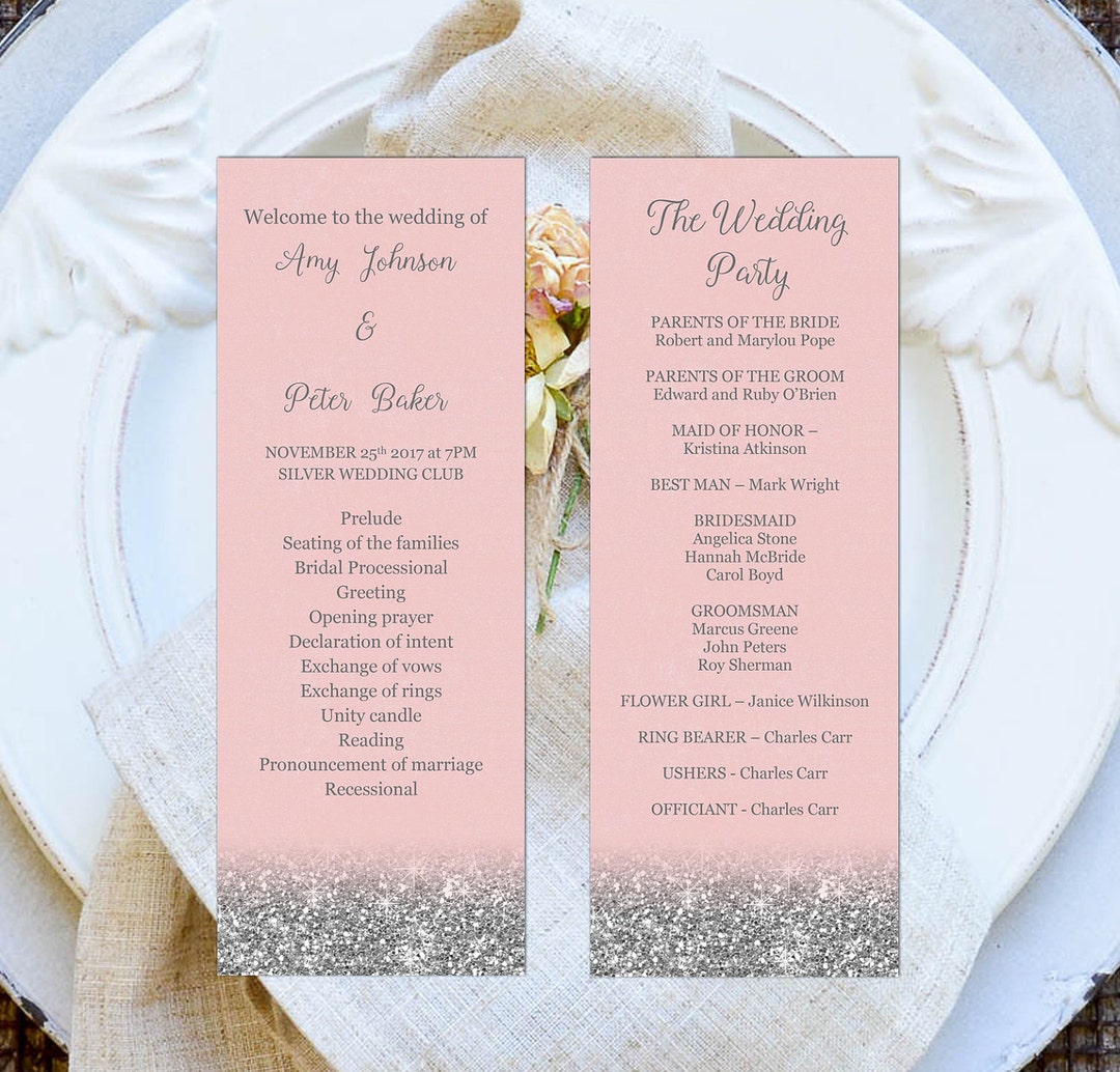 Pink and Silver Sparkles Wedding Program Templates, Pink Blush Wedding ...