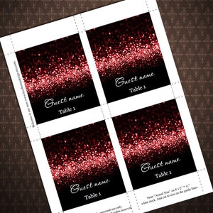 Red Sparkle and Black Wedding Place Card, Place Cards, DIY Place Card ...