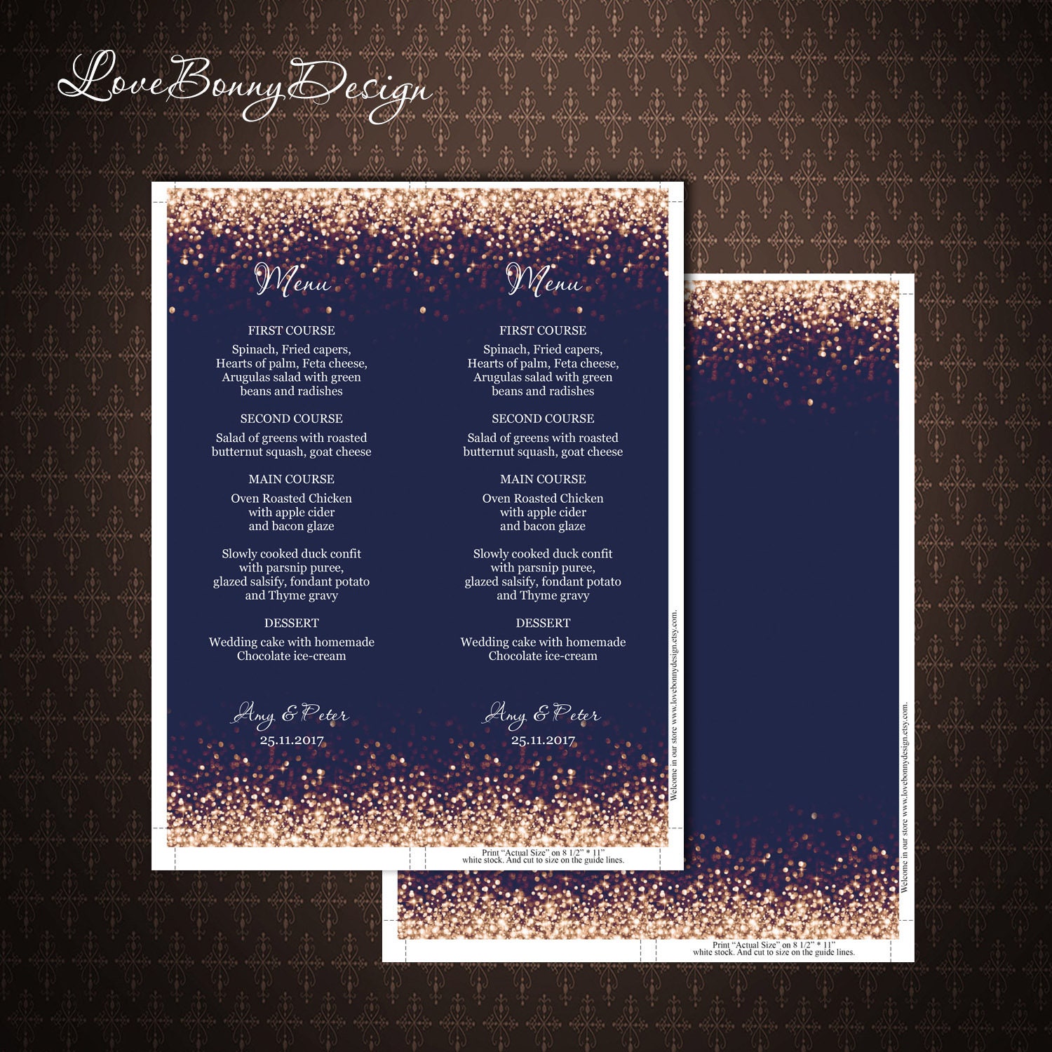 Rose Gold and Navy Blue Menu Template Rose Gold Sparkles | Etsy
